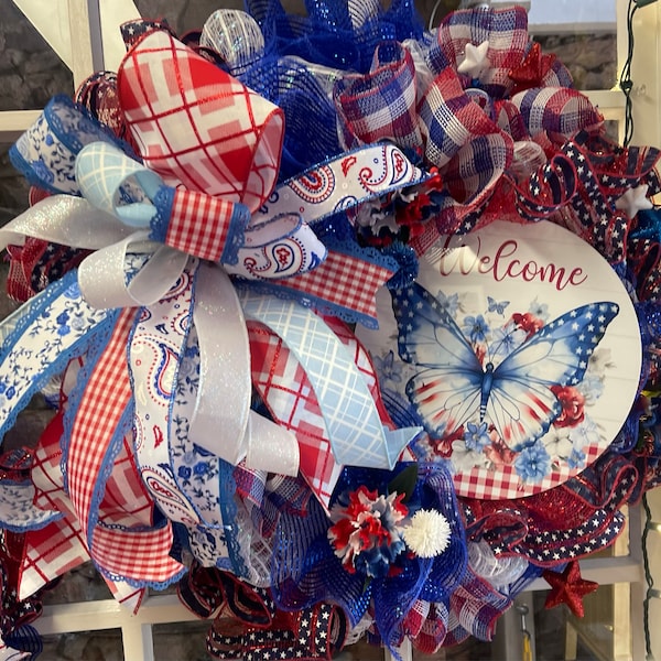 Welcome Patriotic Butterfly Watercolor on Shiplap Background Red White ...