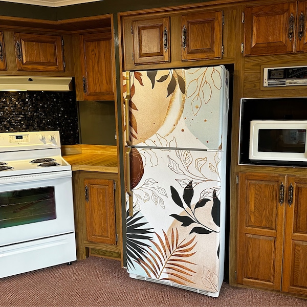 Boho Fridge Wrap Leaves, Refrigerator Wrap Vinyl Side by Side, Brown ...