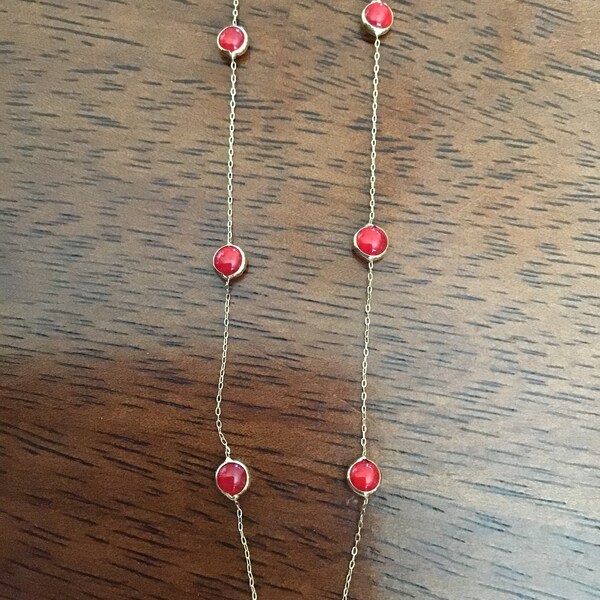 Ruby Necklace / 14K Solid Yellow Gold Ruby Station Necklace/ Beaded Ruby Necklace / Station ...