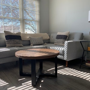 Round Rustic Wood Herringbone Pattern Coffee Table With Black Wood Legs ...