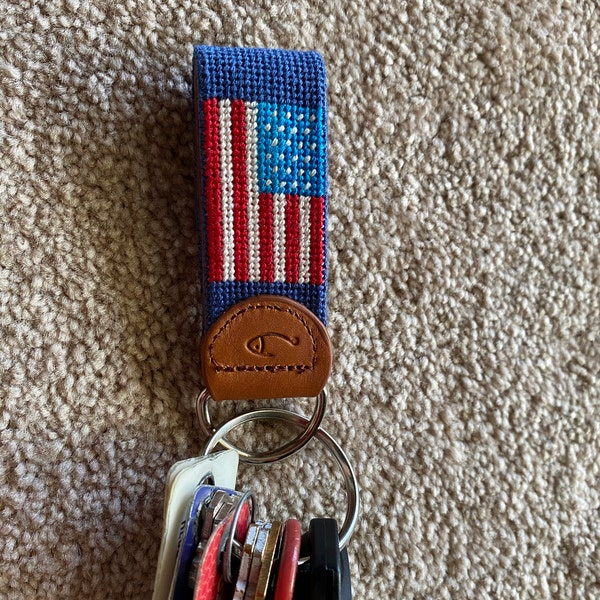 American Flag Needlepoint Keychain - Handmade Key Fob W/ Leather ...
