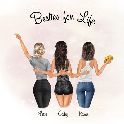 3 Best Friends Drawing Three Besties Print Friendship Poster 3 - Etsy