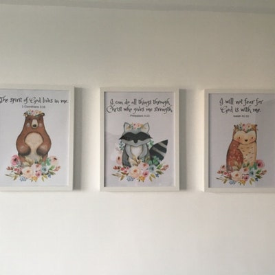 Christian Nursery Decor, Kids Bible Verse Wall Art, Watercolor Animals ...
