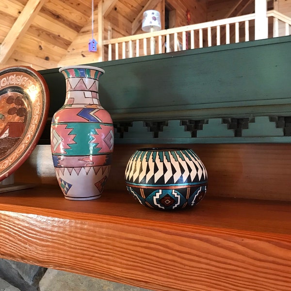 Southwestern Hand Painted Gourd Pot New Mexico Desert Thunderbird Eagle ...