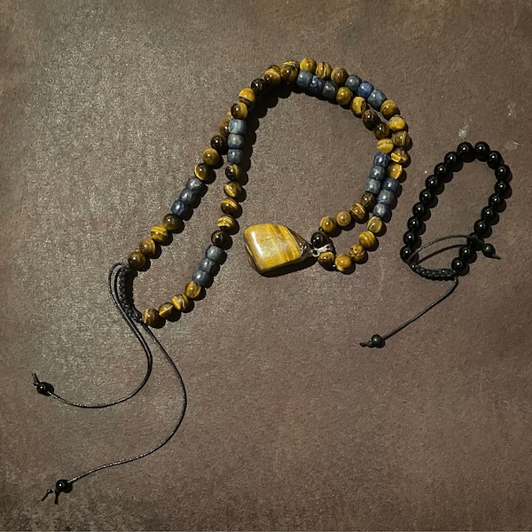 Men's Protection Necklace Big Raw Tiger Eye Pendant Beads Necklace ...