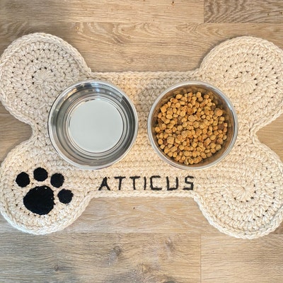Ivory Beige Dog Mat With Paw Print, Personalized Dog Bone Food Water ...