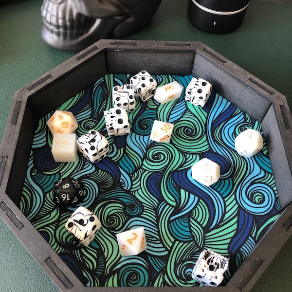 Black Sea Swirls Dice Tray, Octagon Games Tray, Large Wooden Dice Tray ...