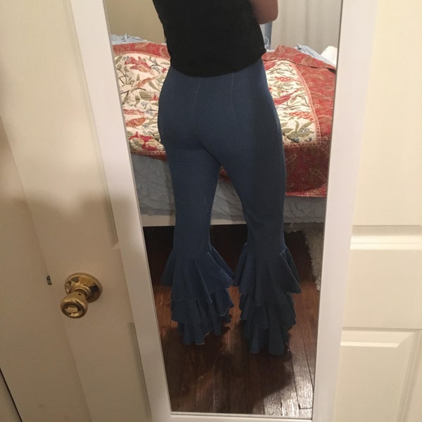 Women's High Waist Denim Jeans Ruffle Tiered Bell Bottom Pants/ Vintage ...