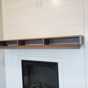 Modern Walnut Fireplace Mantel With Drop Front Shelf, Hidden Storage ...