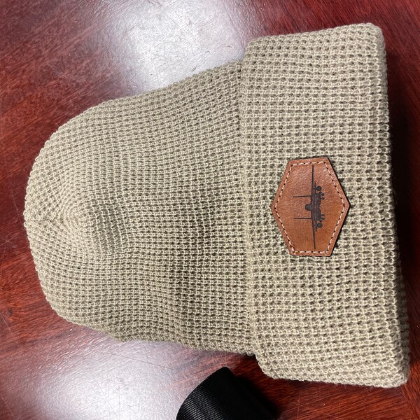 Waffle Knit Beanie Custom Leather Patch Hat; Classic Winter Hat - Custom Leather Patch Beanies ...