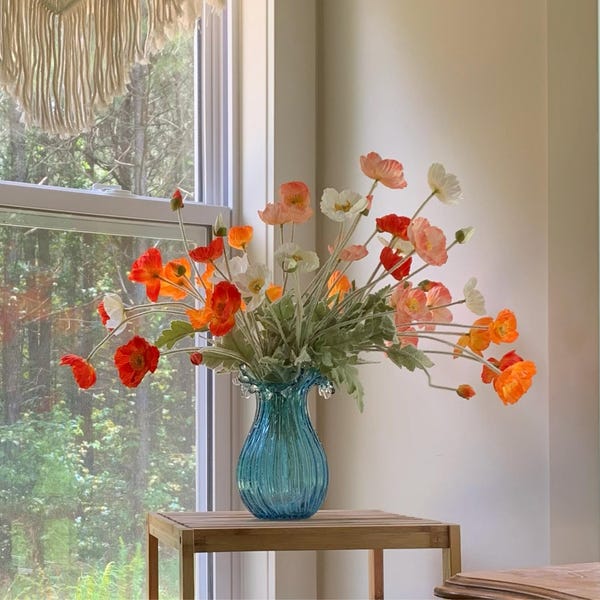 4 Heads Faux Poppy Flowers, 23.5" Silk Flower Poppy Branch, DIY Florals ...