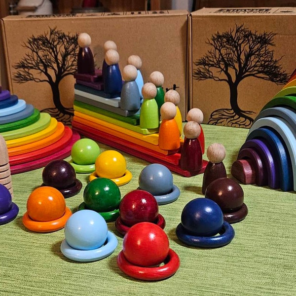 Wooden Rainbow Stacker Toy Grimms Style 1 Age With Peg Dolls 24 Pcs ...