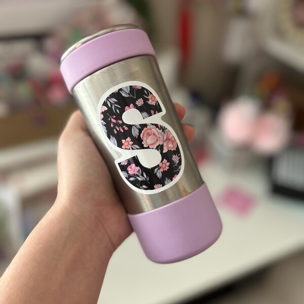 Floral Initial Sticker, Black & Pink Flowers, Personalized Gift - Etsy