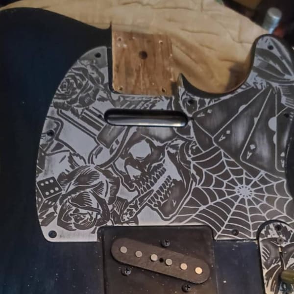 Engraved Aluminum Telecaster Pickguard Silver-black Tattoo Skull Roses ...