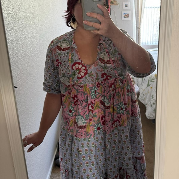 Yellow House Pink Rose Block Print Caftan, Organic Cotton Handmade ...