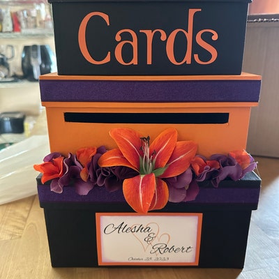 Custom Wedding Card Box, 2 Tier, Card Holder, Square, Purple, Lilies ...