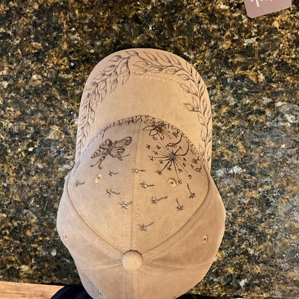 Hand Burned Branded Beige Wild Flower With Dandelion Base Ball Cap ...