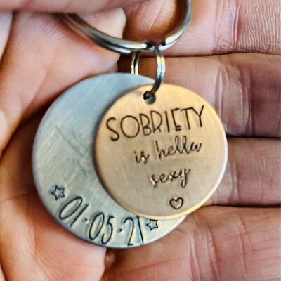 Personalized Hand Stamped Sobriety Keychain. Custom Sober - Etsy