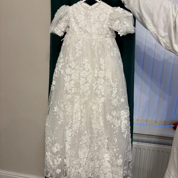 Beaded Lace Short Sleeves Christening Dress Newborn Baby Girl Christening Gown Baptism Dress ...