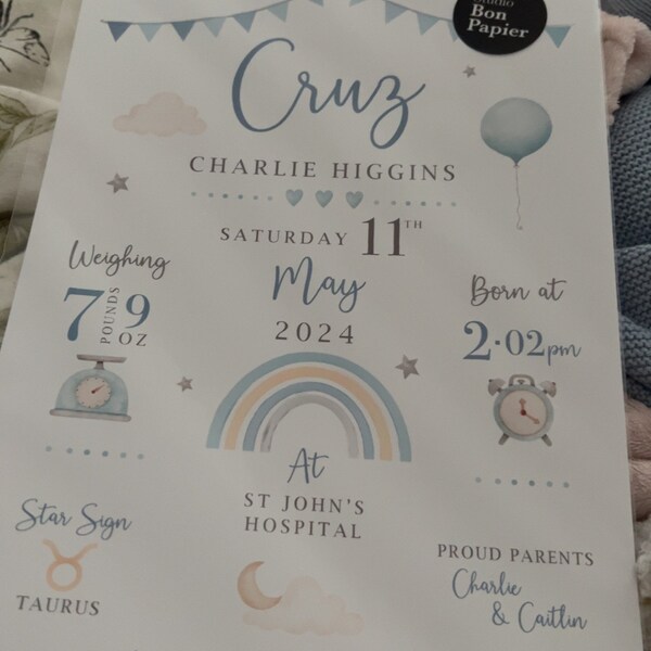 New Baby Personalised Print | Birth Details Gift | Keepsake Print | New ...