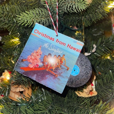 Tiki Christmas Tree Ornament Set Mele Kalikimaka Mini Hawaiian Record ...