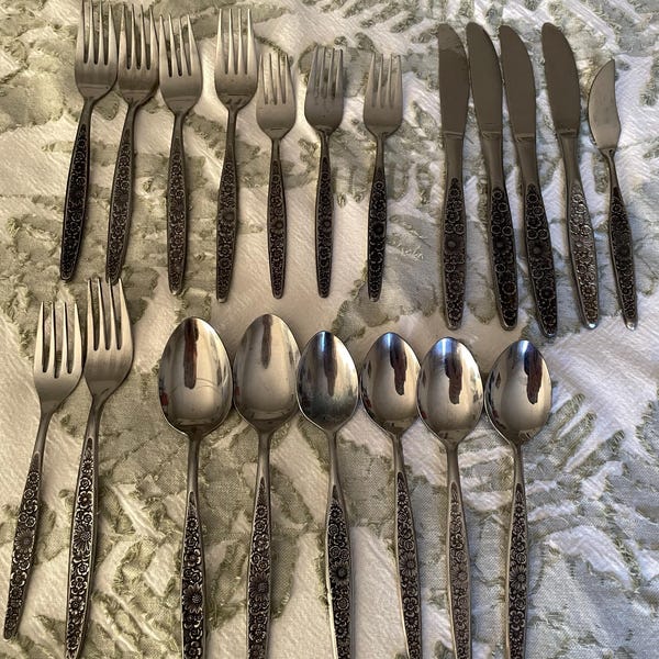 Vintage MARIA GRANDE Stainless Steel Flatware Embossed Floral and Black ...