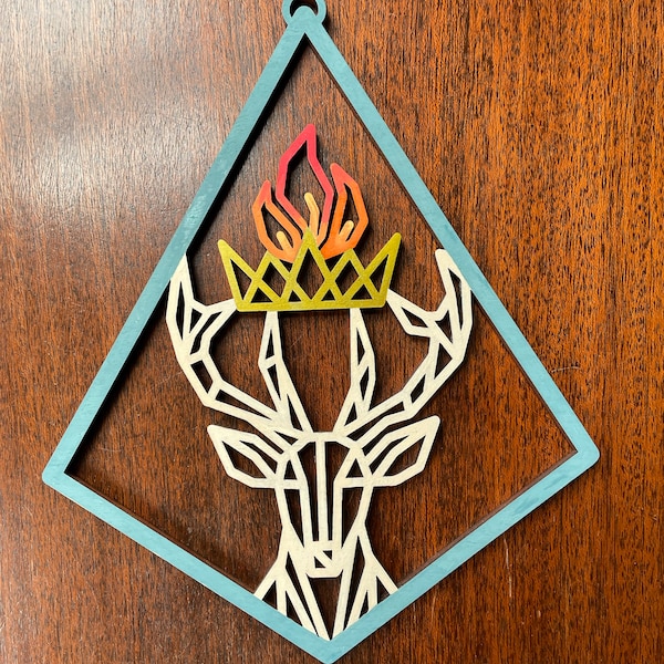 Geometric Stag of Terrasen With Crown on Fire, Wooden Wall Art, 9 ...