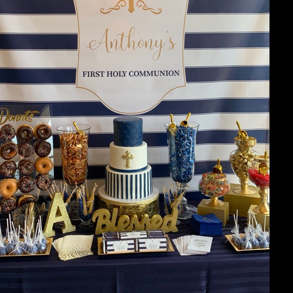 First Communion Photo Booth Backdrop,blue and Gold Striped Backdrop ...