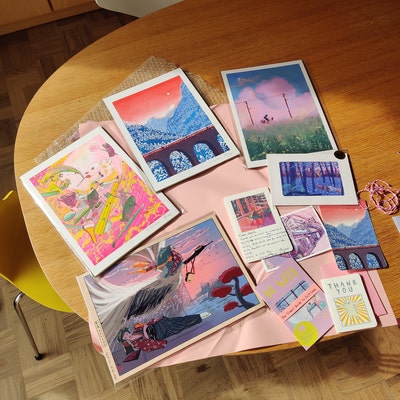 A4 Risograph Print. Slow Train Through Sunset Snowy Mountain Bridge. 2 ...