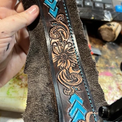 Cowskulls, Sunflowers, Feathers, Aztec Design Tooled Leather Belt ...