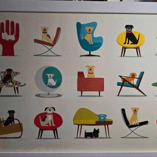 Mid Century Modern Dog and Chair Wall Art Print, Contemporary Chairs ...