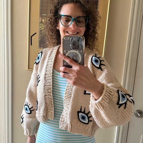 Evil Eye Bead Cardigan | Chunky Knit Nazar Jacket | Knitted 3D Turkish ...