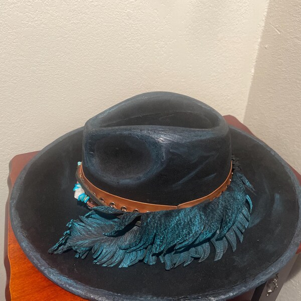 Hand-burned Wide Brim Vegan Suede Hat - Black and Turquoise With ...