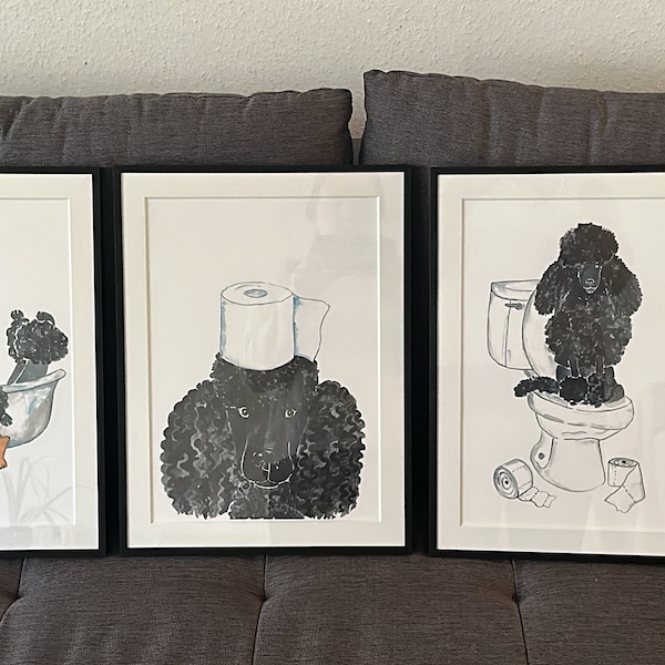 Set of 3 Black Poodle Dog Toilet Painting Wall Poster Watercolor Art ...