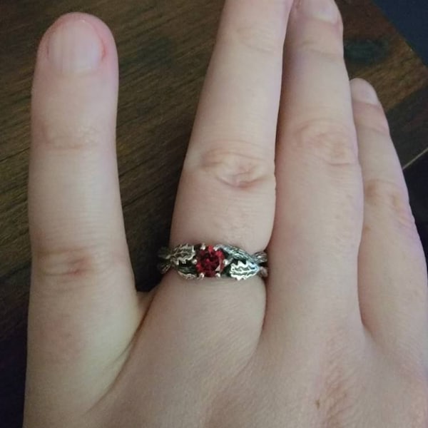 Braided Branch and Oak Leaves Topaz Engagement Ring, Silver Tree Bark ...