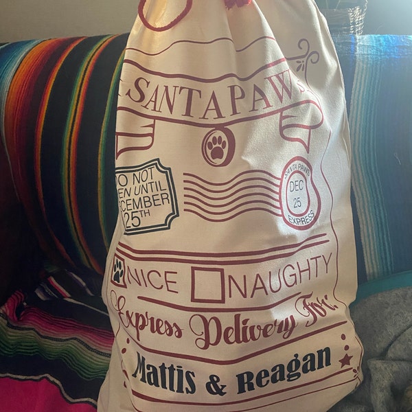 Santa Paws Santa Sack, Pet Santa Bag, Drawstring Sack , Delivery Bag ...