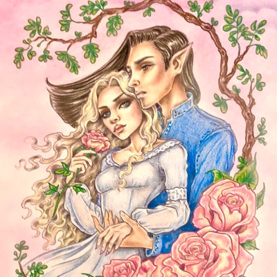 Beloved Elves Love Couple Coloring Page Grayscale Illustration Instant ...