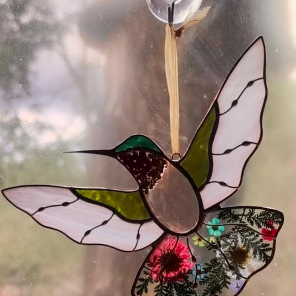Hummingbird Stained Glass Window Hangings Mothers Day Gift Pressed ...