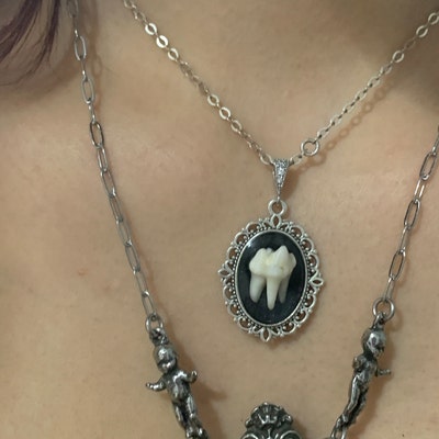 Cameo Tooth Necklace Real Bone Jewelry Goth Gothic Style Punk Oddities ...