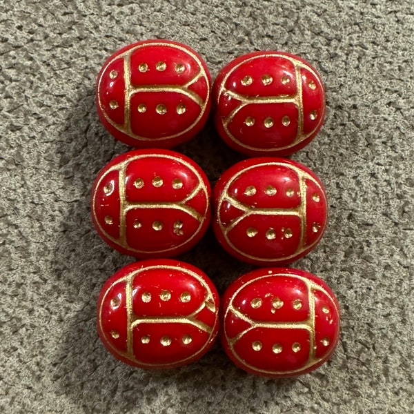 Red Glass Ladybug Bead Golden Dots Red Gold Czech Glass Beads 13mm ...