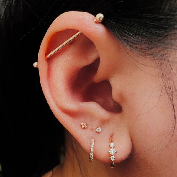 Tiny Hoop Earrings / 14k Solid Gold Three Stone Diamond Huggies ...