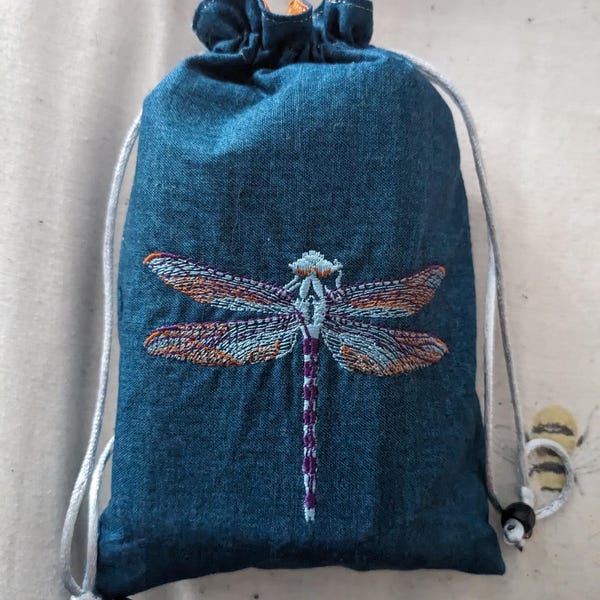 Embroidered Dragonfly Drawstring Bag, Handmade, Silk Lined - Etsy