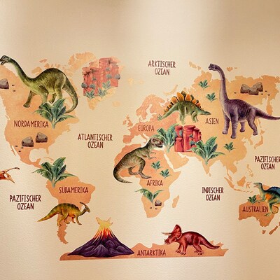 Wall Decal Kids World Map With Dinosaurs, Peel and Stick Wall Mural for ...
