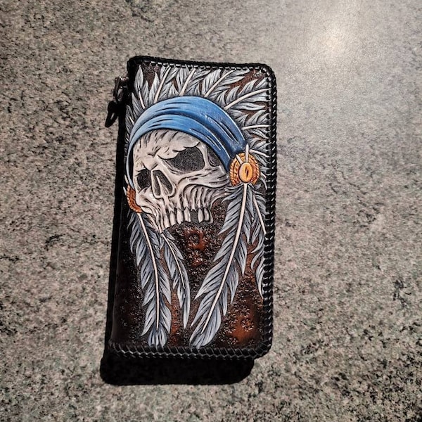 Handcrafted Leather Long Wallet Skulls, Biker's Leather Long Wallet ...