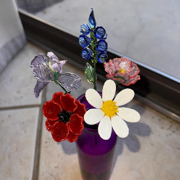 Various Color Glass Ping Pong Mum, Glass Flower With Stem, Handmade ...