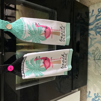 Spring Hanging Kitchen Towel, Crochet Top Oven Handle Dishtowel, Vernal ...