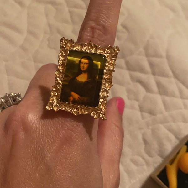 Mini Oil Painting, Art Ring, Davinci, Annunciation, Glass Cabochon ...