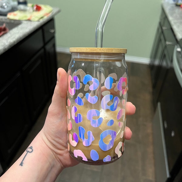 Leopard Print Iced Coffee Cup 16oz Glass Soda Can Reusable Cup With ...