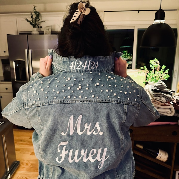 Embroidered Bridal Jean Jacket With Pearls. Personalized Mrs. Jean ...