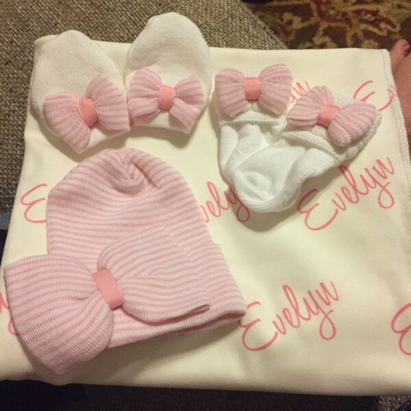 Newborn Girl Hospital Gift Set. Newborn Hat, Mitten and Sock Set With ...